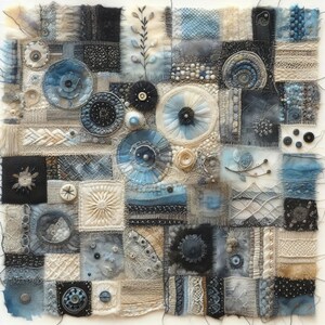 Blue Boho Fabric Collage: 10 High Res Watercolor Jpgs, Junk Journaling ...