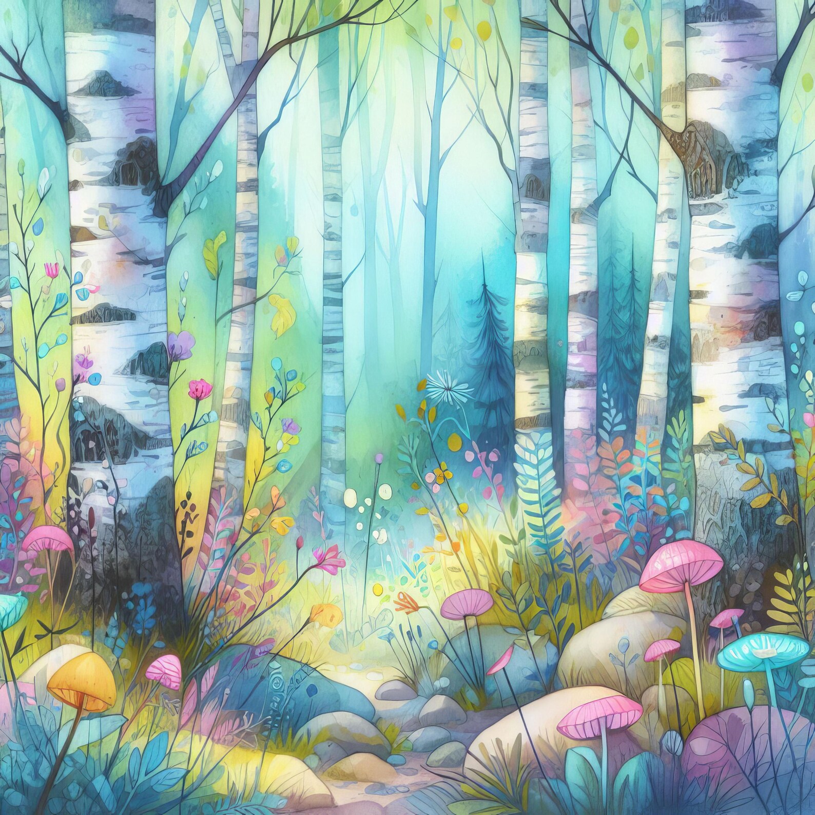 Whimsical Birch Forest 10 High Res Watercolor Jpgs Junk Journaling ...