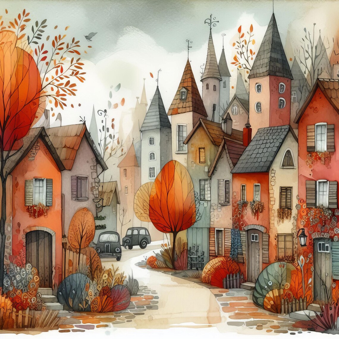 Quirky Fall Town 10 High Res Watercolor Jpgs Junk Journaling ...