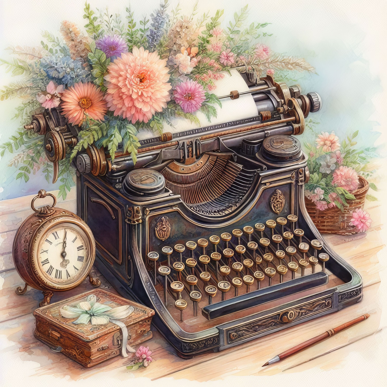Victorian Typewriter: Clip Art, 10 High Res Watercolor Jpgs, Junk ...