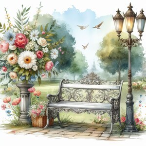 Park Bench Clip Art 10 High Res Watercolor Jpgs for Junk Journaling ...