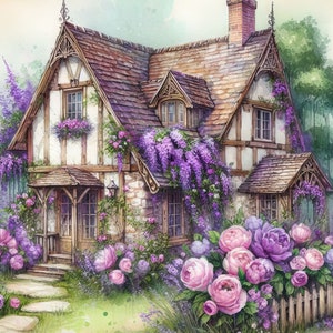 Purple Flower Cottage 10 High Res Watercolor Jpgs for Junk Journaling ...