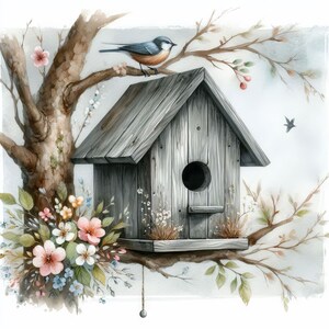 Gray Birdhouse: 10 High Res Watercolor Jpgs for Junk Journaling ...