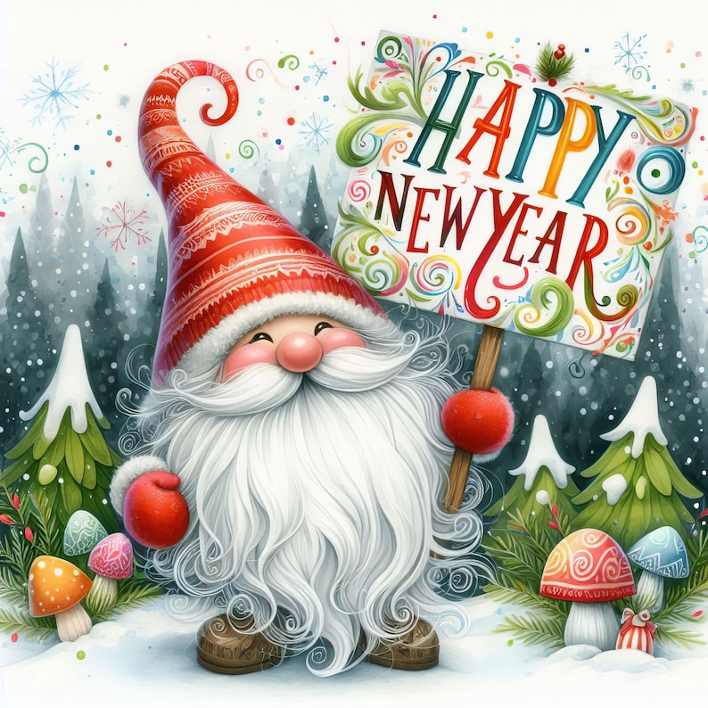 Happy New Year Gnome: 10 High Res Watercolor Jpgs, Junk Journaling ...