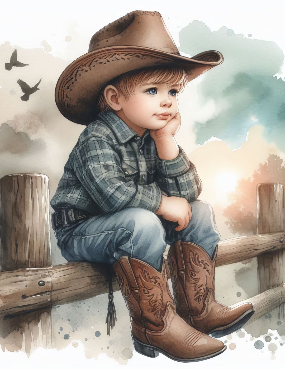 Little Cowboy on a Fence Clip Art Bundle 10 High Res Watercolor Jpgs ...