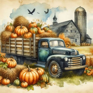 Vintage Farm Truck in Fall Clip Art 10 High Res Watercolor Jpgs for ...