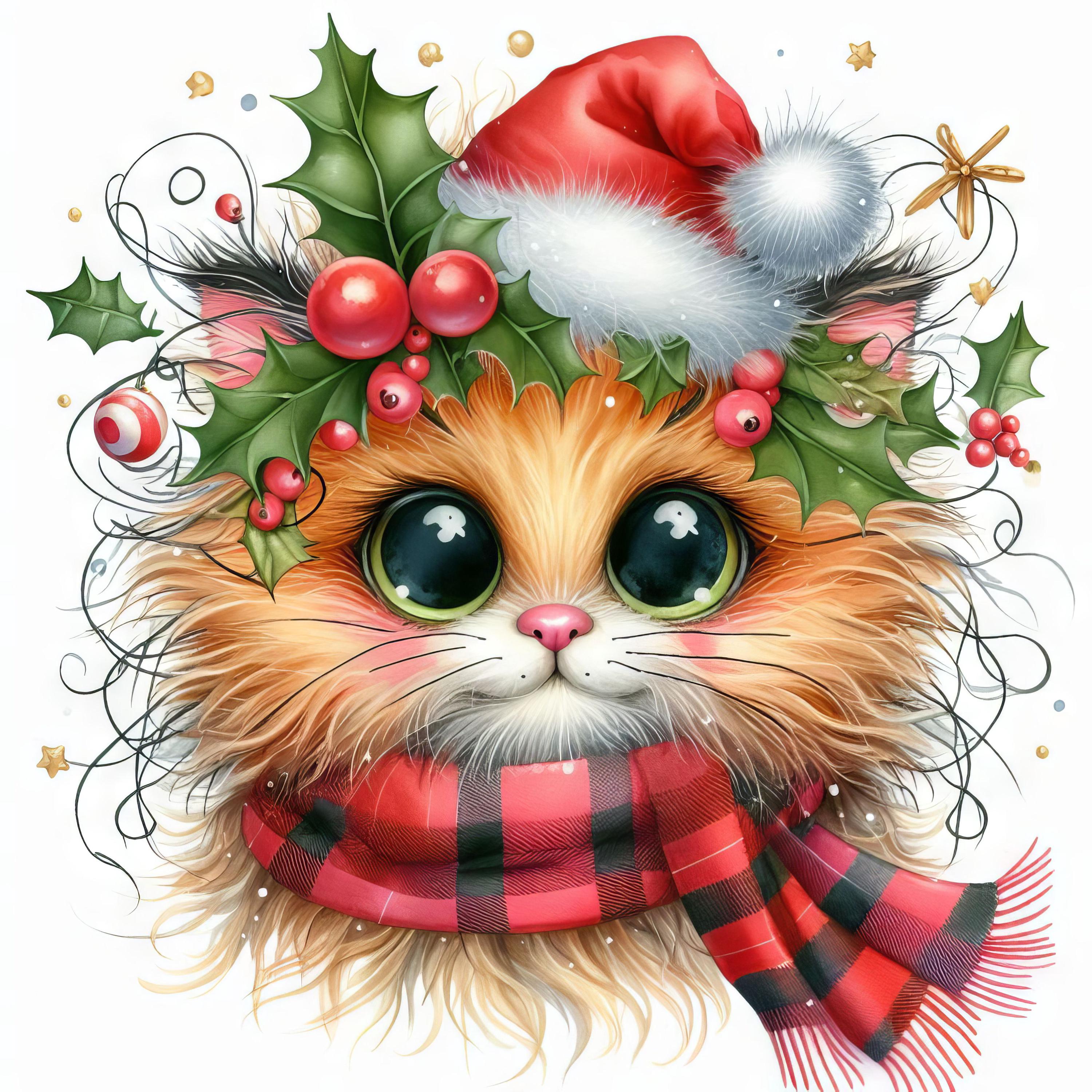 Cute Christmas Cat: Clip Art 10 High Res Watercolor Jpgs Junk ...