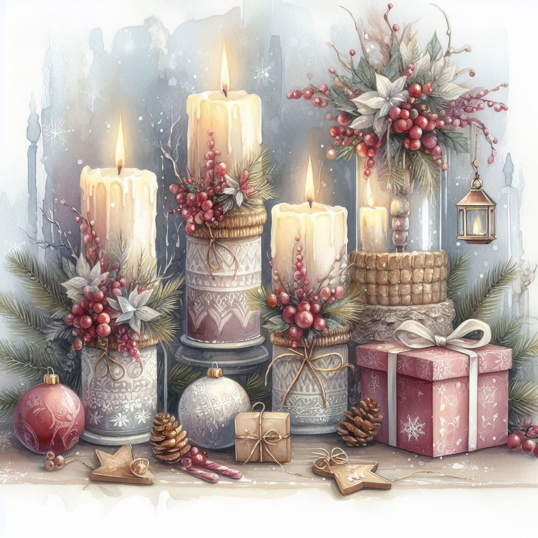 Christmas Candles: Clip Art, 10 High Res Watercolor Jpegs, Junk ...