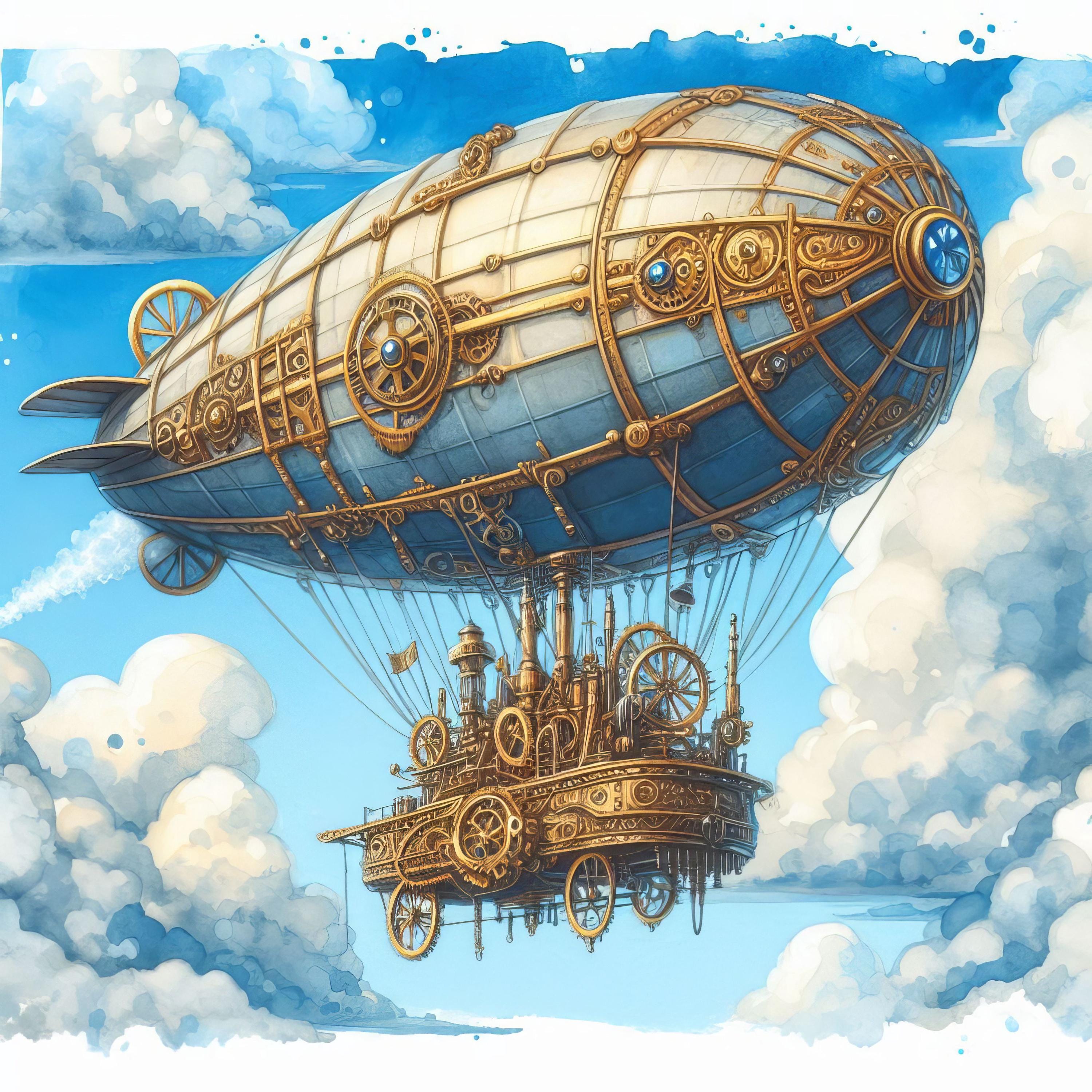 Steampunk Blimp: 10 High Res Watercolor Jpgs, Junk Journaling, Card ...