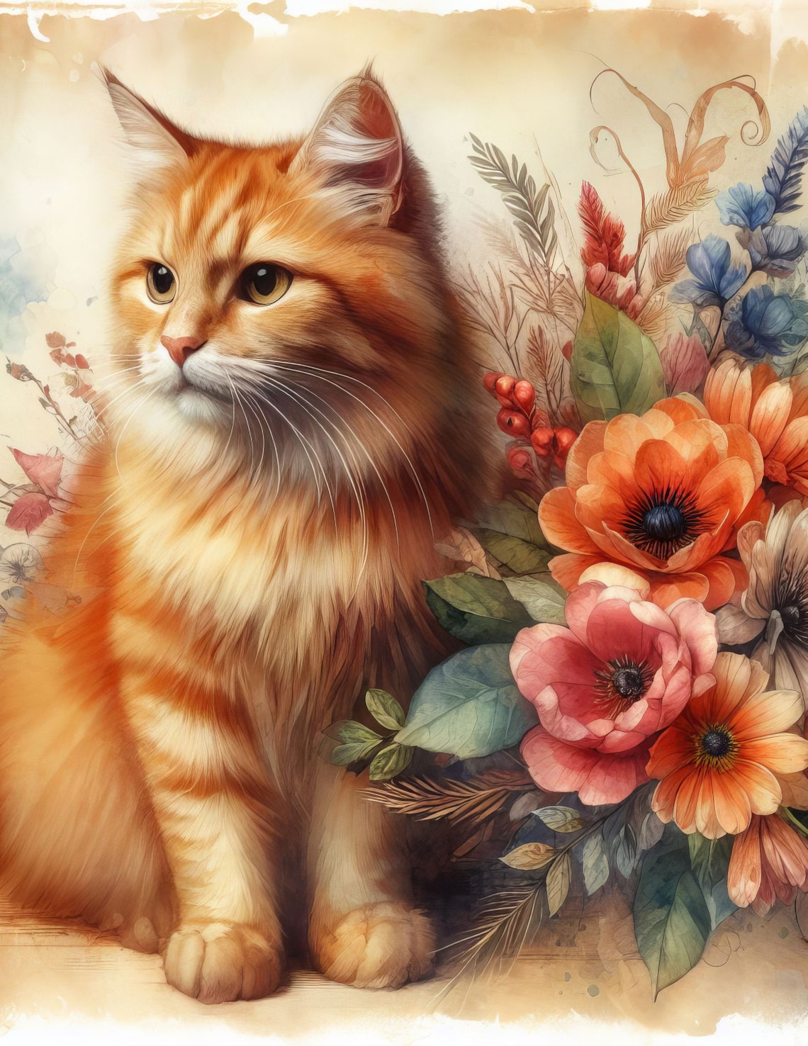 Orange Tabby Cat: 10 High Res Watercolor Jpgs, Junk Journaling ...