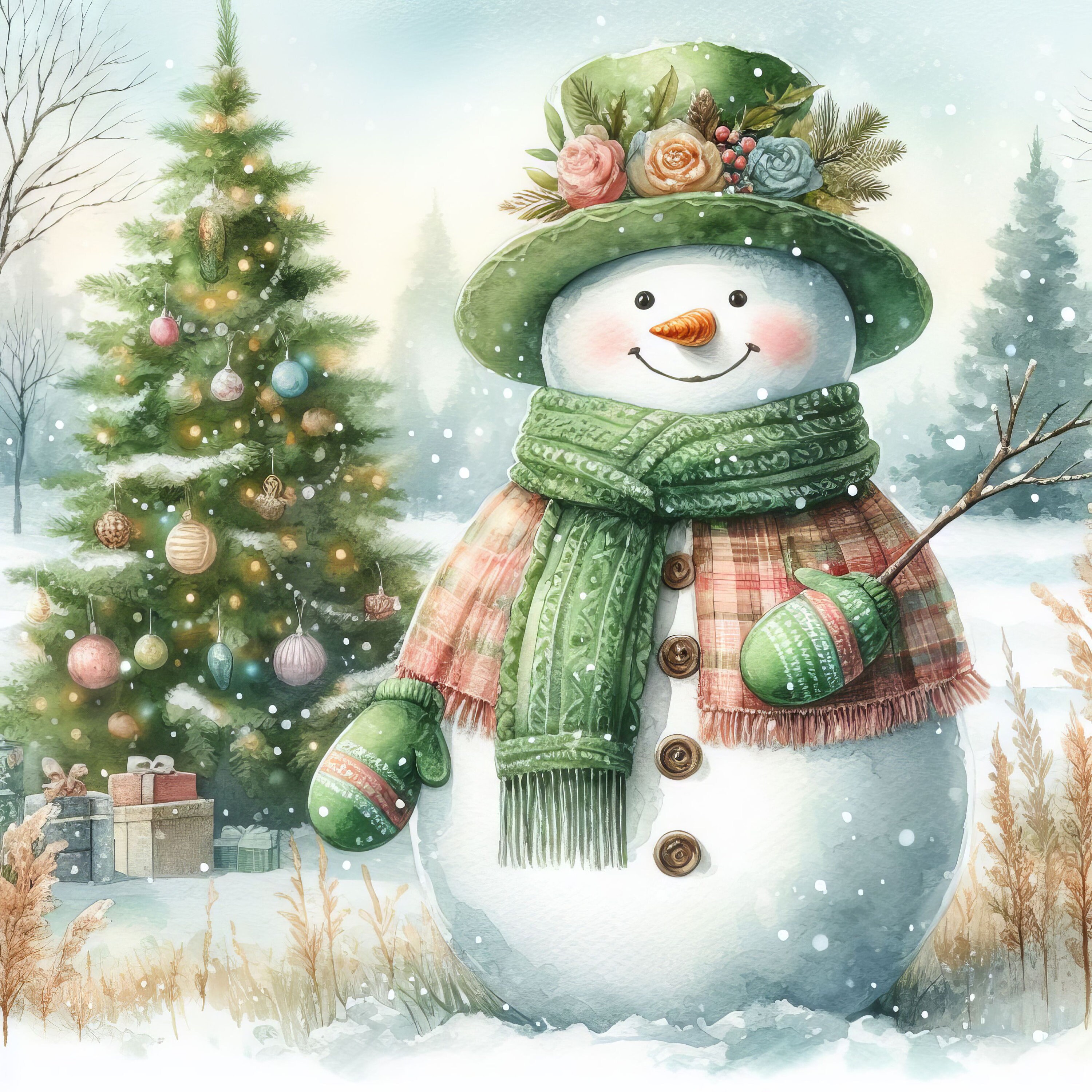 Snowman in Green With Christmas Tree: Clip Art, 10 High Res Watercolor ...