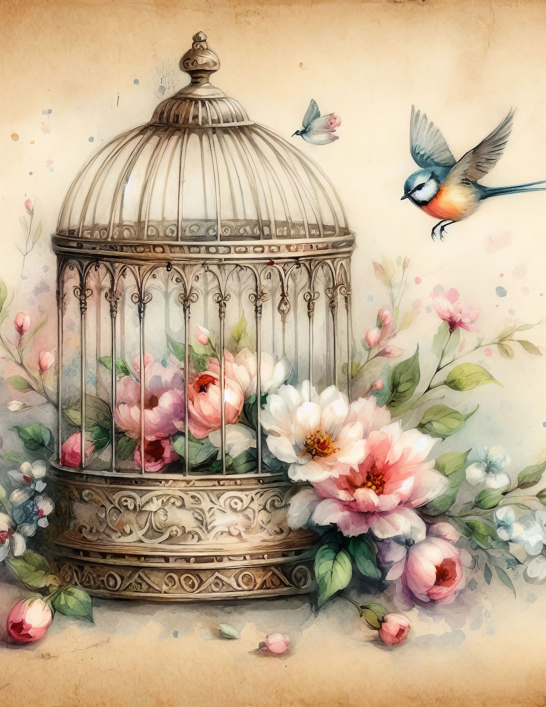 Vintage Bird Cage Clip Art Bundle 10 High Res Watercolor Jpgs for Junk ...