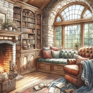 Library With Window Seat Clip Art Bundle 10 High Res Watercolor Jpgs ...