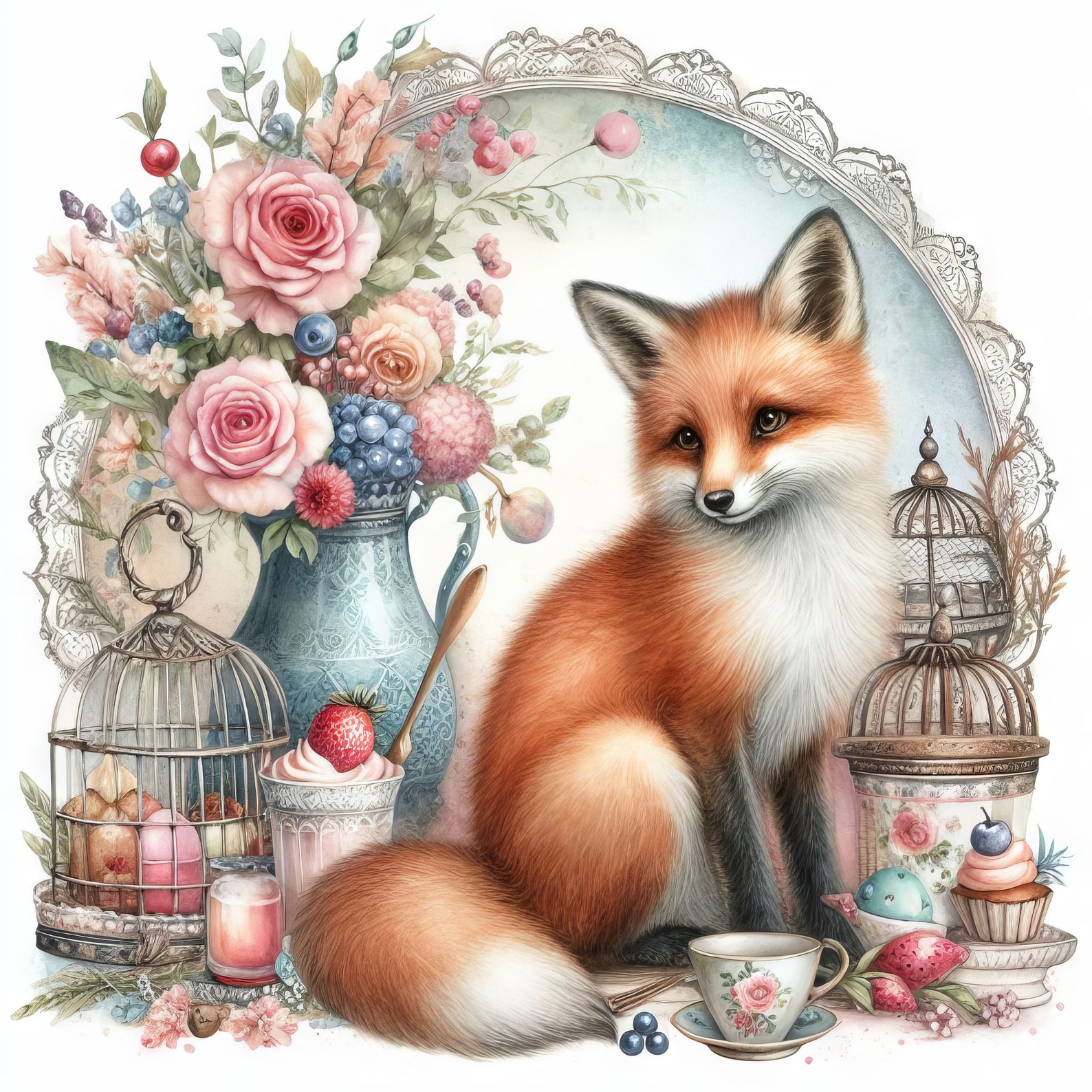 Shabby Chic Fox: Clip Art, 10 High Res Watercolor Jpgs, Junk Journaling ...