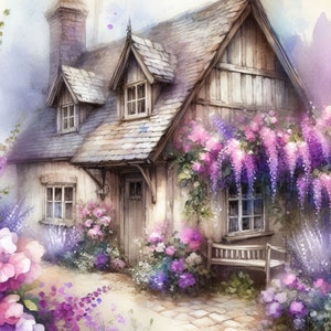 Purple Flower Cottage 10 High Res Watercolor Jpgs for Junk Journaling ...