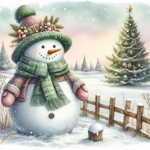 Snowman in Green With Christmas Tree: Clip Art, 10 High Res Watercolor ...