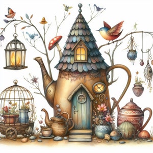 Whimsical Teapot House Clip Art 10 High Res Watercolor Jpgs for Junk ...
