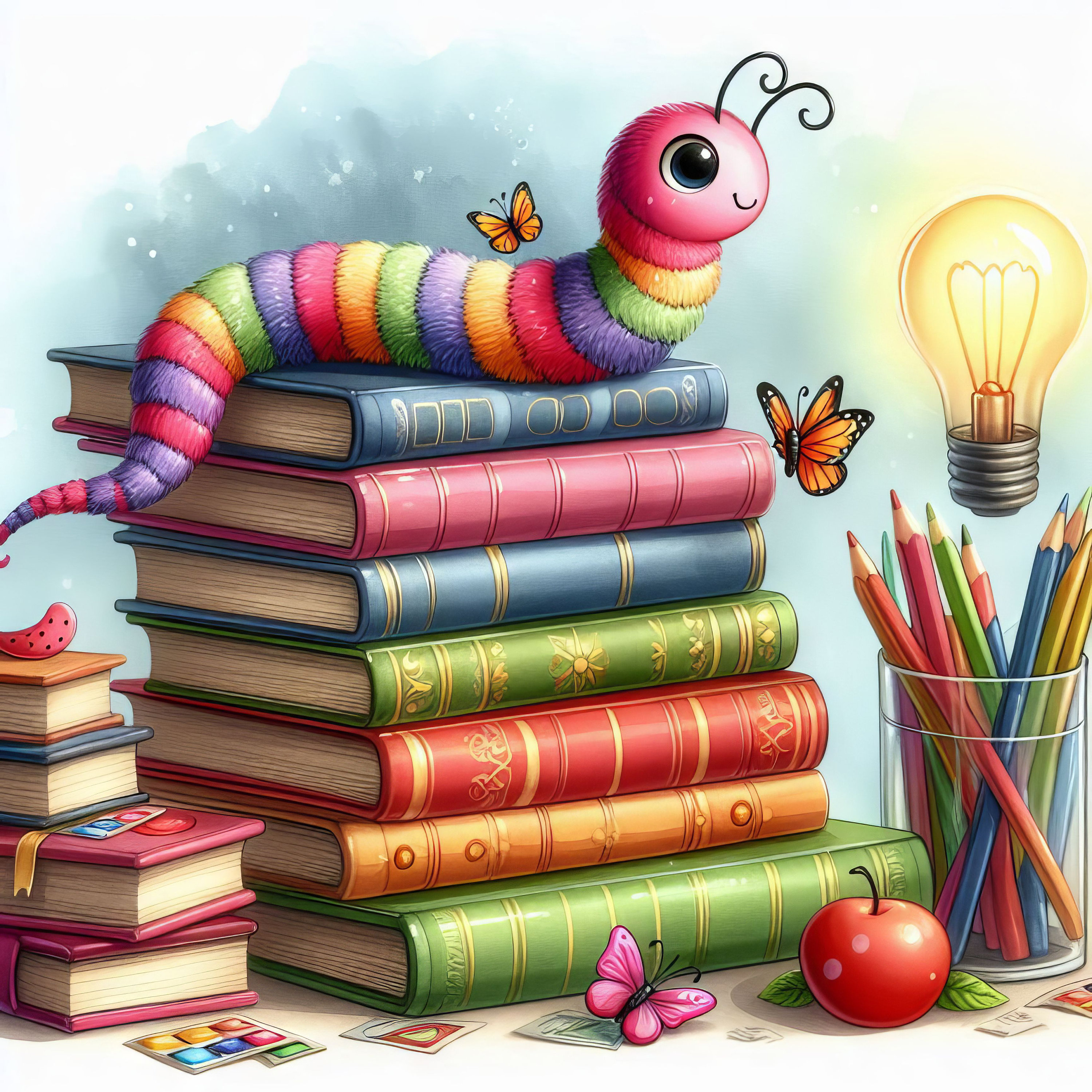 Bookworm Clip Art Bundle 10 High Res Watercolor Jpgs for Junk ...