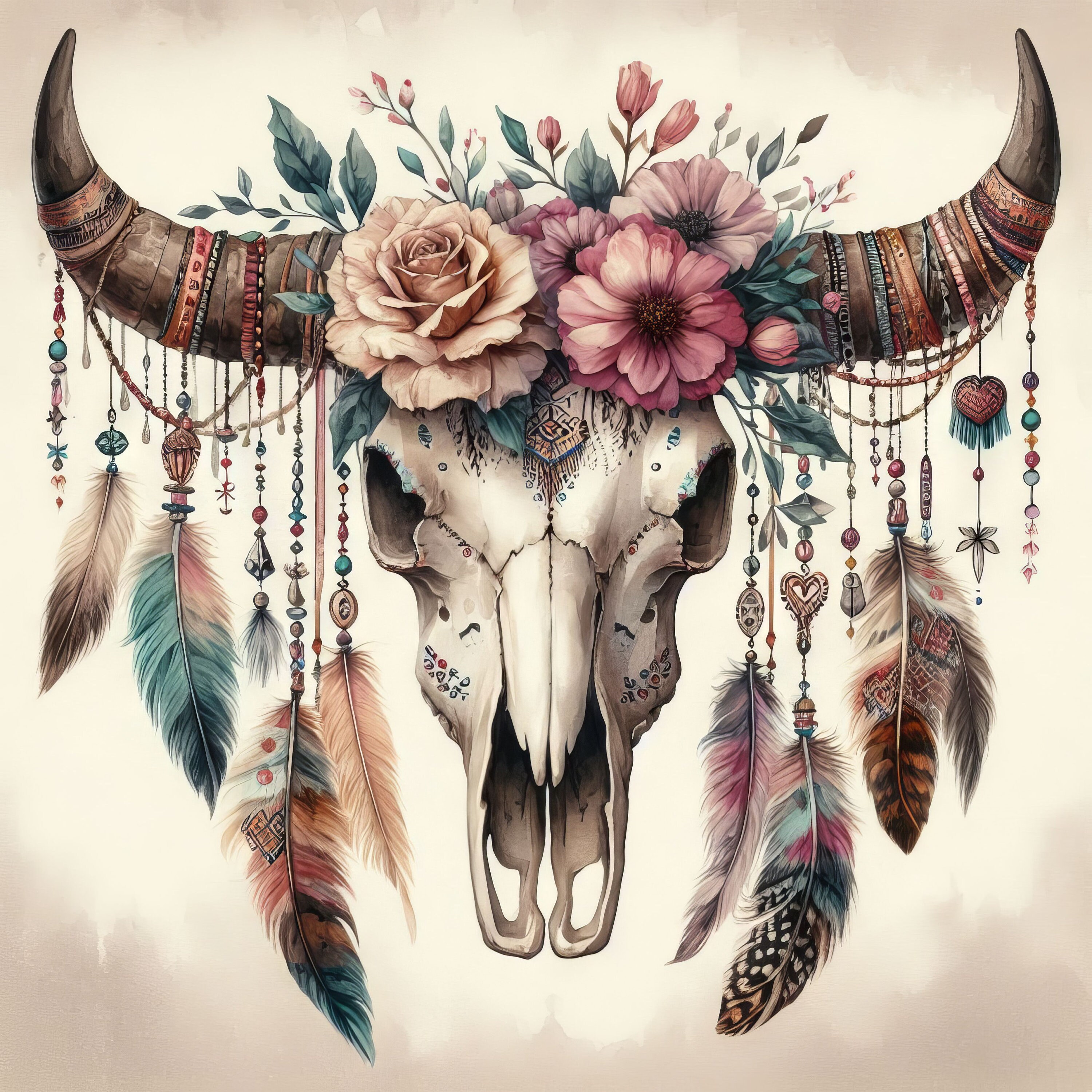 Boho Skull: Clip Art 10 High Res Watercolor Jpgs for Junk Journaling ...