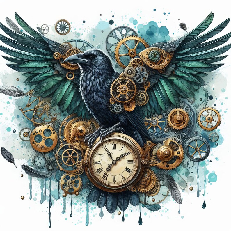 Steampunk Raven: 10 High Res Watercolor Jpgs, Junk Journaling, Card ...