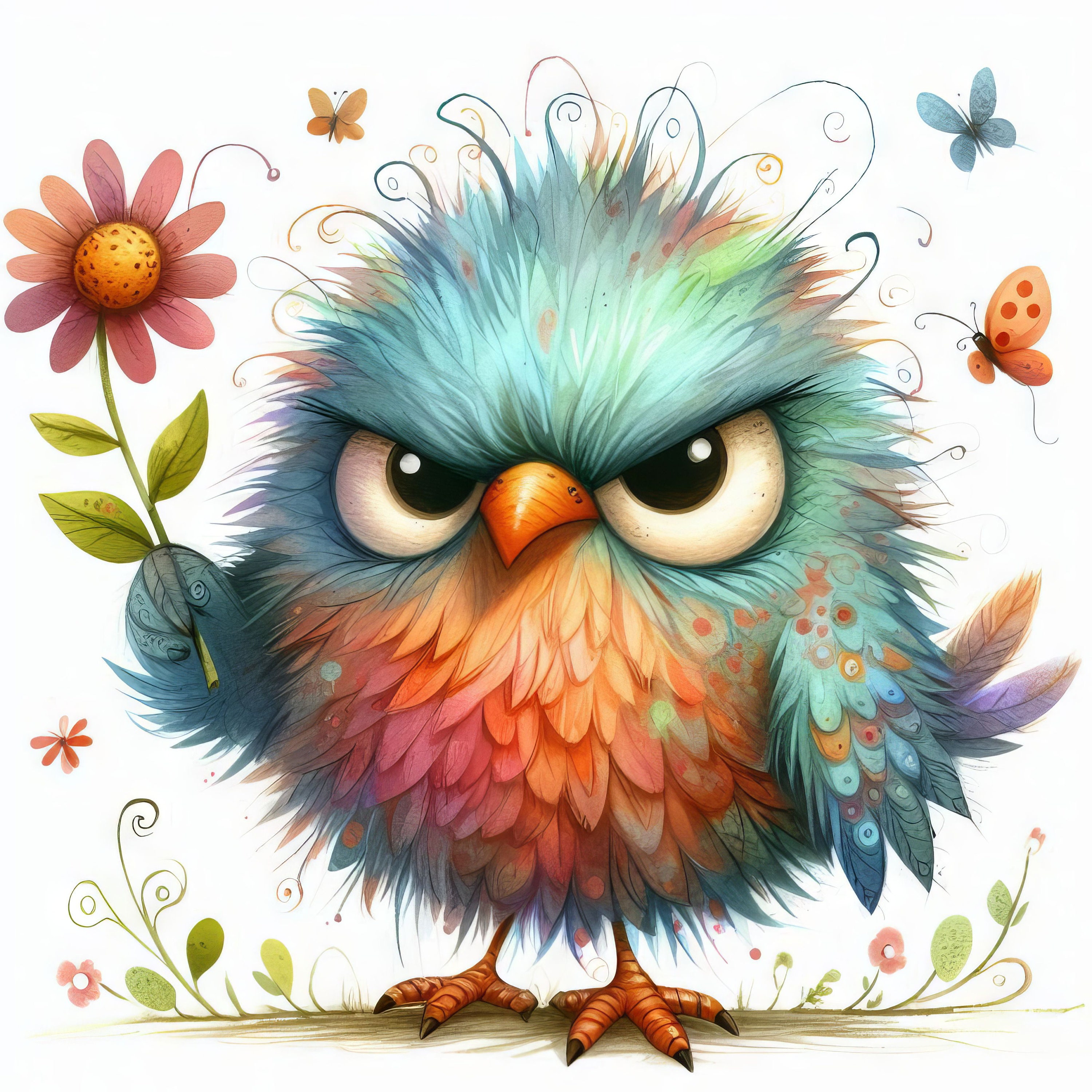 Grumpy Bird With Flower: Clip Art, 10 High Res Watercolor Jpgs, Junk ...