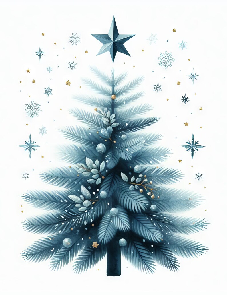 Nordic Blue Christmas Tree Clipart Bundle 10 High Res Watercolor Jpgs ...
