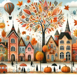 Whimsical Autumn City Clip Art 10 High Res Watercolor Jpgs Junk ...