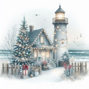 Christmas Lighthouse: Clip Art 10 High Res Watercolor Jpgs Junk ...