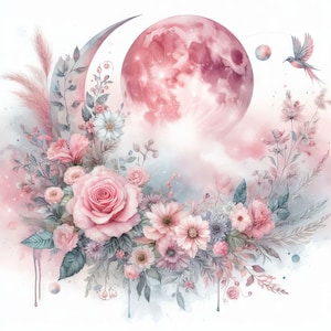 Pink Moon: Clip Art, 10 High Res Watercolor Jpgs, Junk Journaling ...