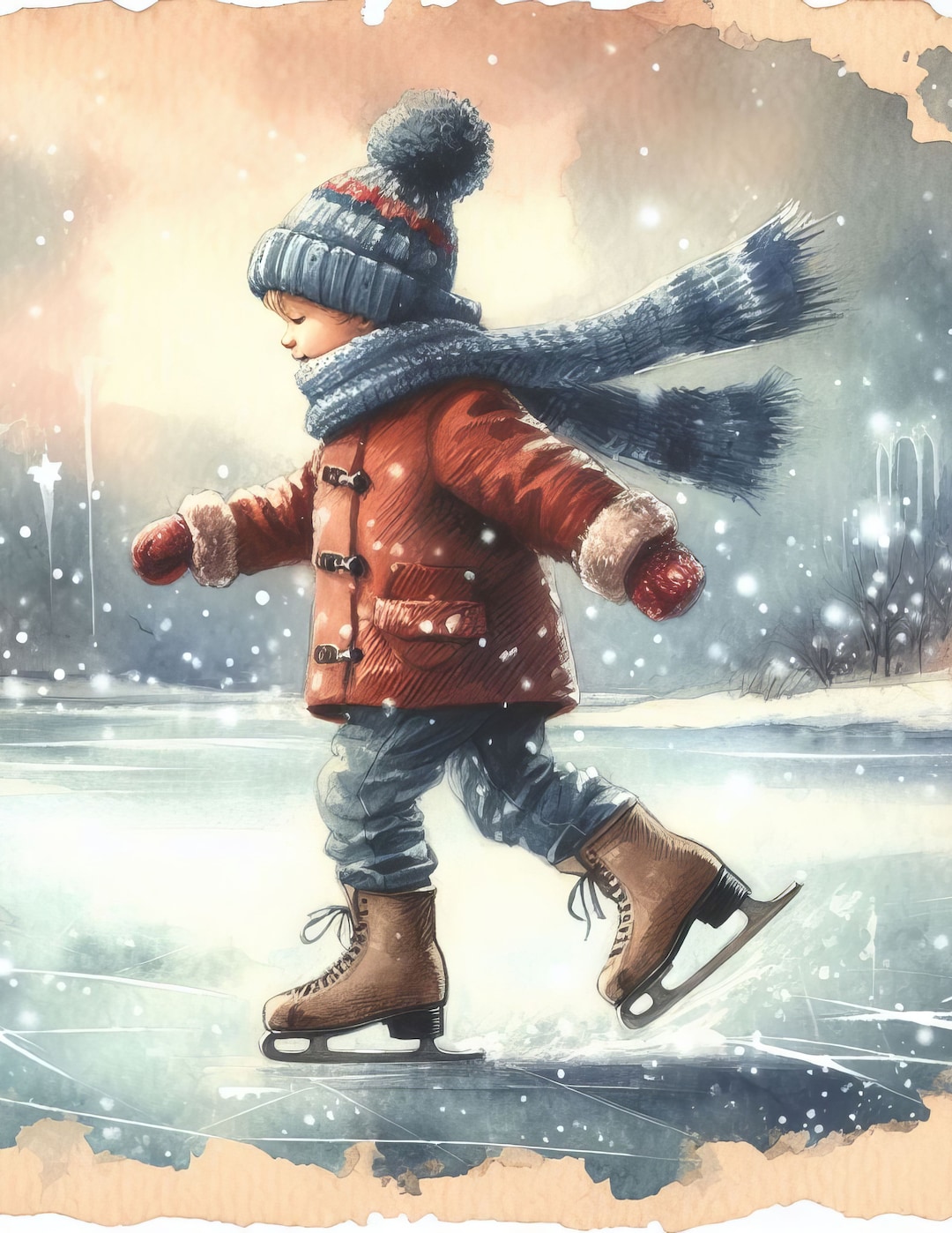 Child Ice Skating 10 High Res Watercolor Jpgs for Junk Journaling ...