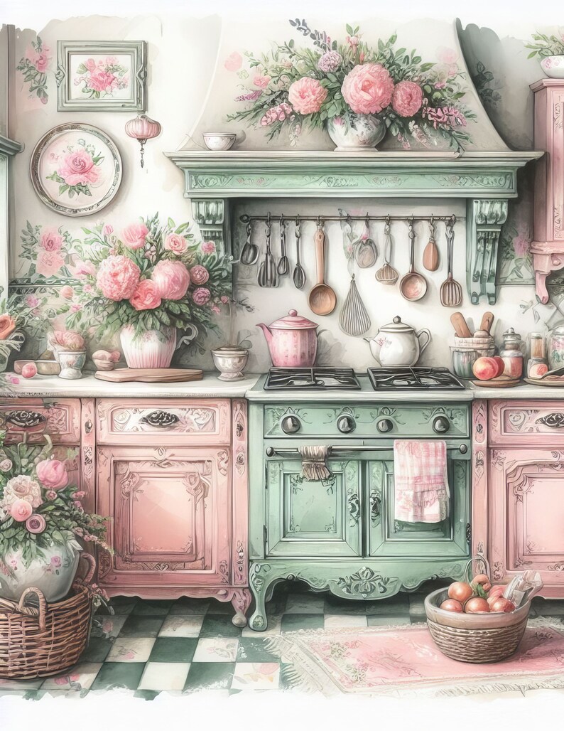 Shabby Chic Pink and Green Kitchen: Clip Art, 10 High Res Watercolor ...