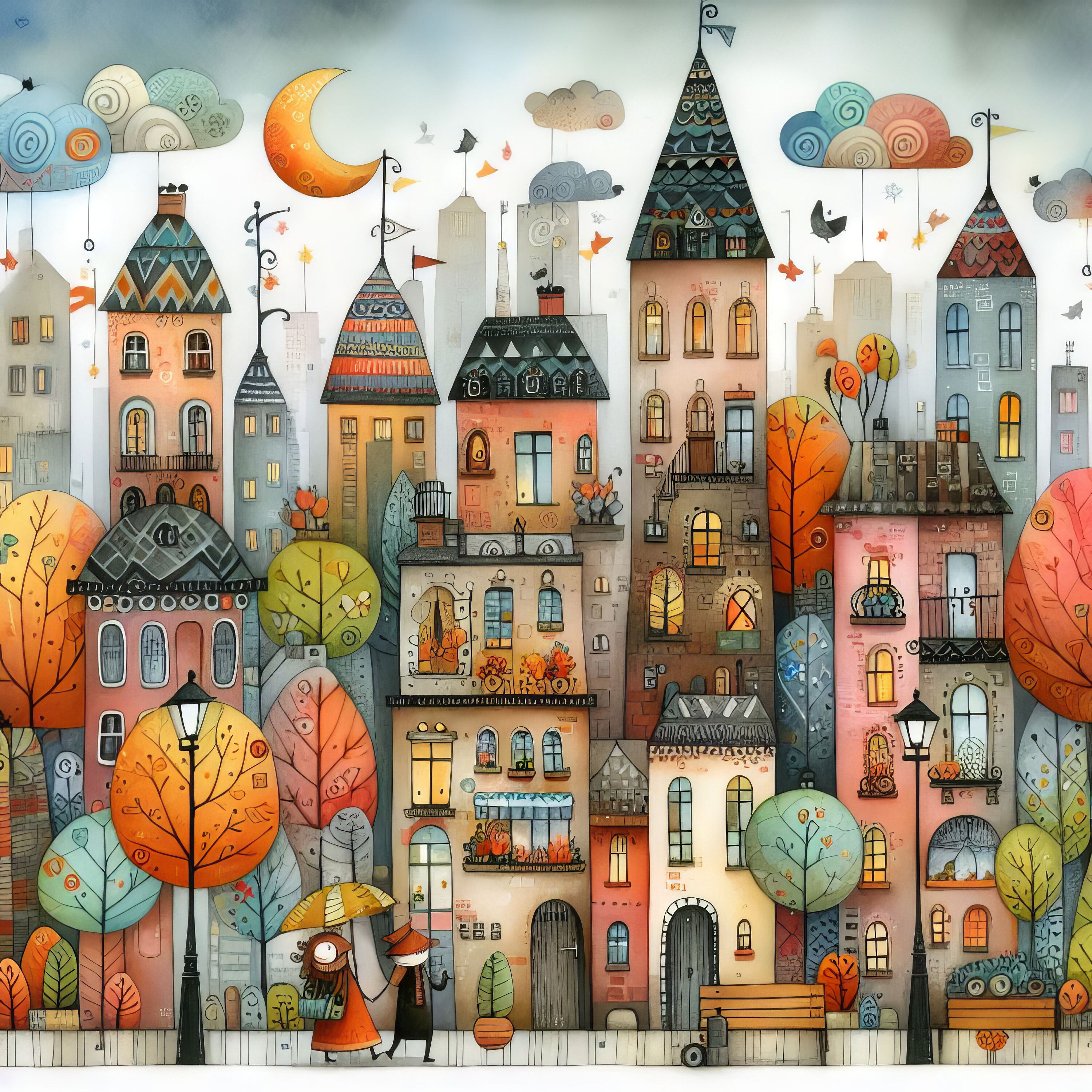 Whimsical Autumn City Clip Art 10 High Res Watercolor Jpgs Junk ...