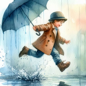 Little Boy Jumping in Puddles Clip Art Kit 10 High Res Watercolor Jpgs ...