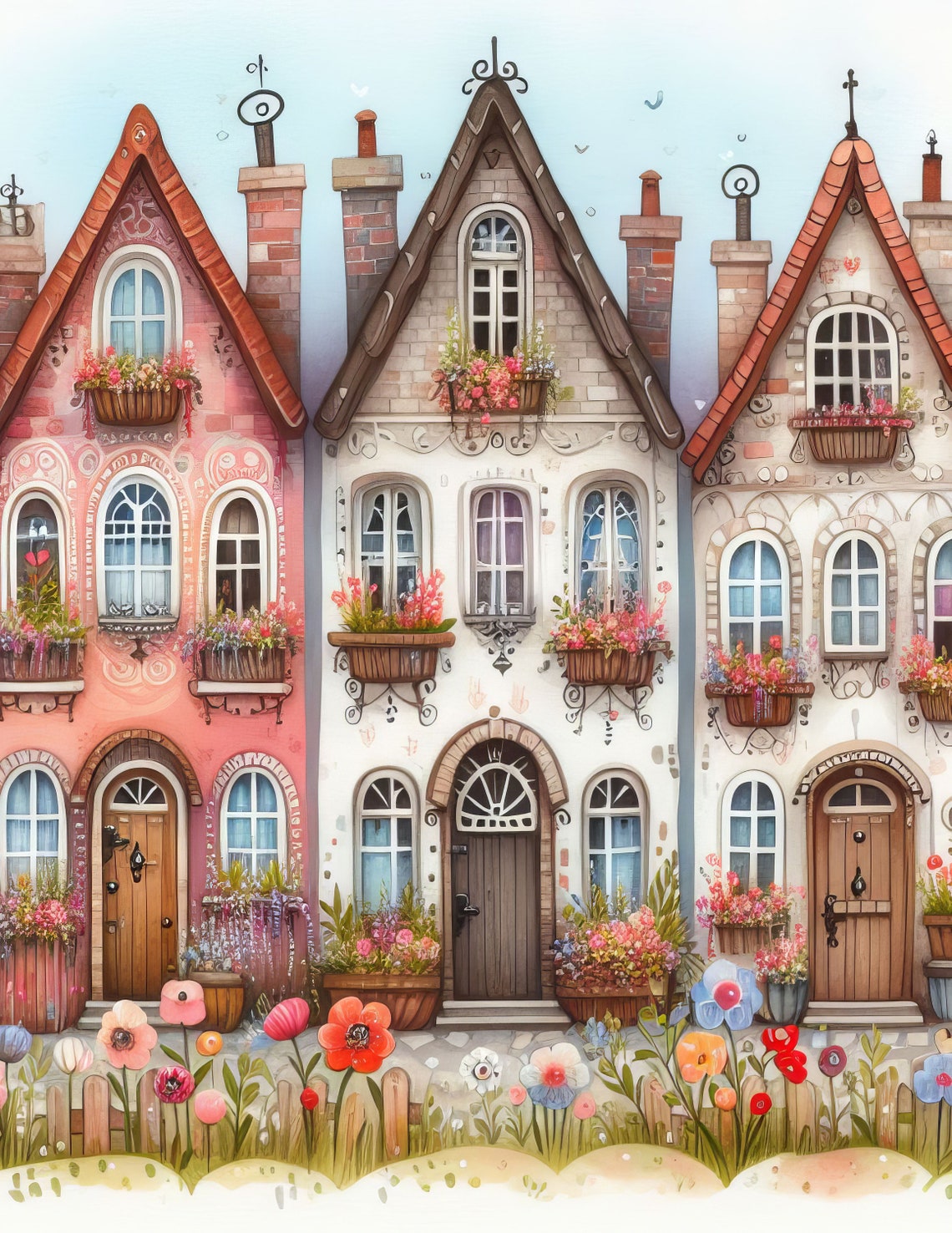 Whimsical Row Houses Clipart Bundle 10 High Res Watercolor Jpgs for Junk Journaling ...