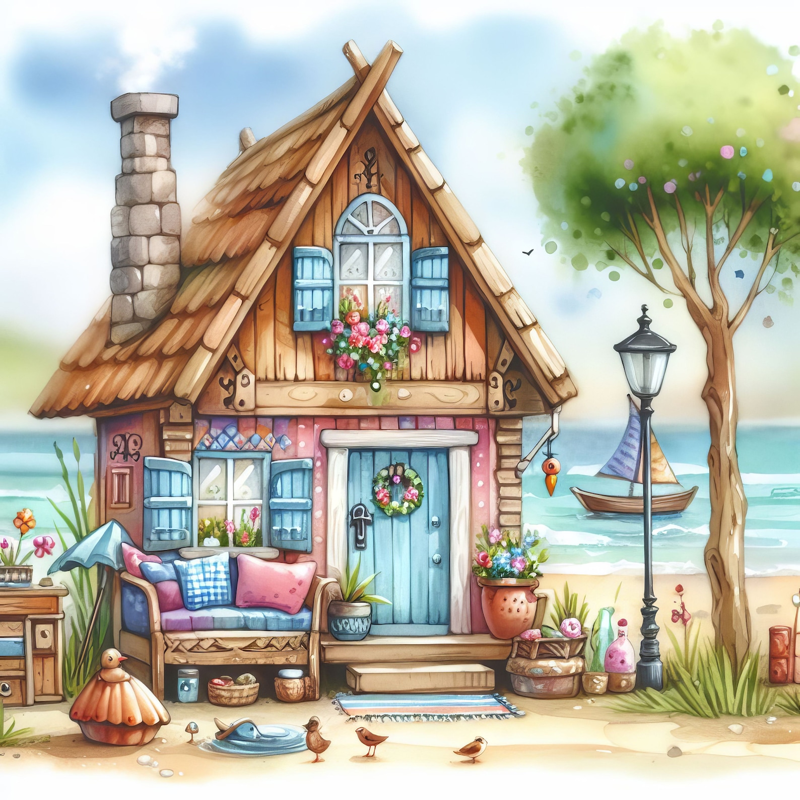 Whimsical Beach House Clip Art Kit 10 High Res Watercolor Jpgs for Junk ...