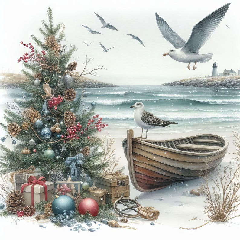 Coastal Christmas Clipart 10 High Res Watercolor Jpgs Junk Journaling ...