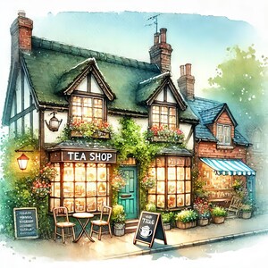 Village Tea Shop: 10 High Res Watercolor Jpegs Junk Journaling ...