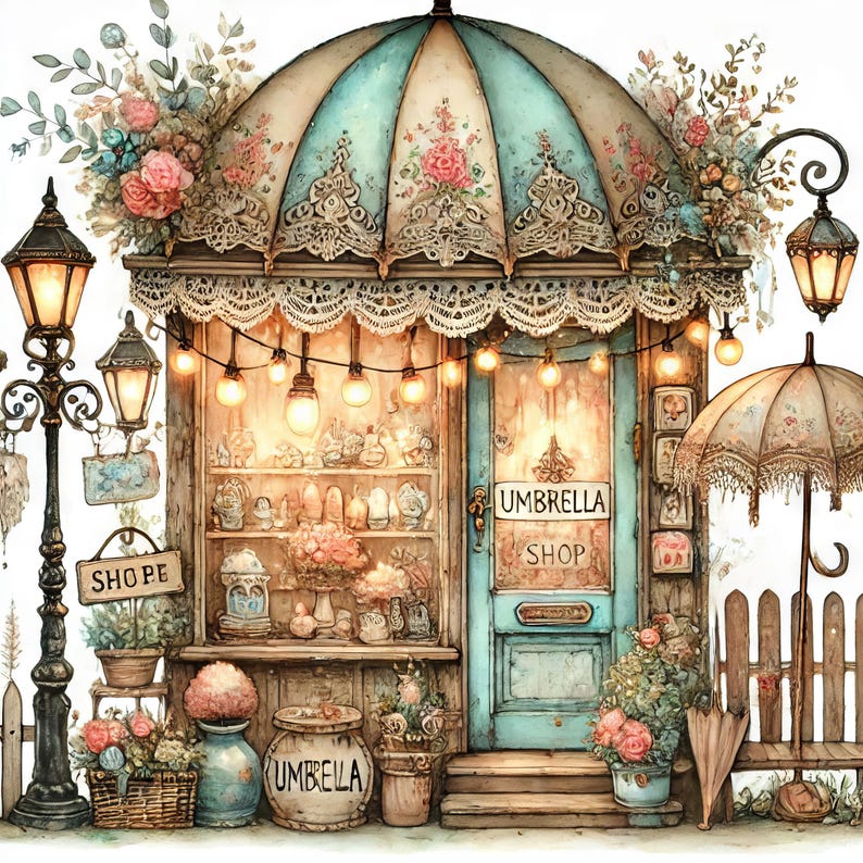Umbrella Shop: 10 High Res Watercolor Jpgs, Junk Journaling ...