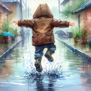 Little Boy Jumping in Puddles Clip Art Kit 10 High Res Watercolor Jpgs ...