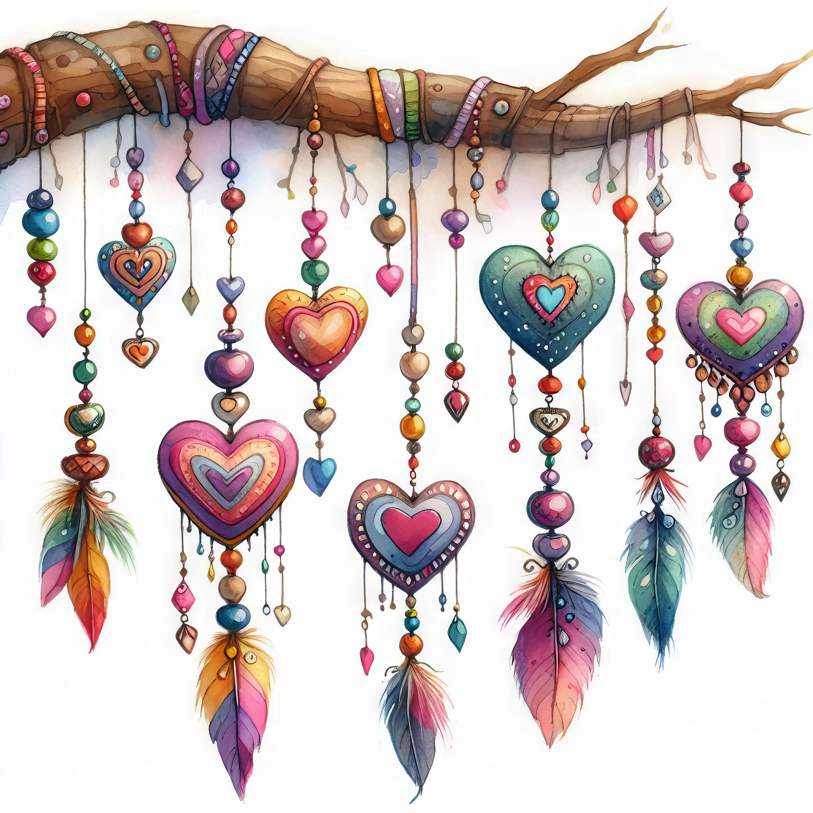 Hanging Boho Hearts Clip Art 10 High Res Watercolor Jpgs for Junk ...