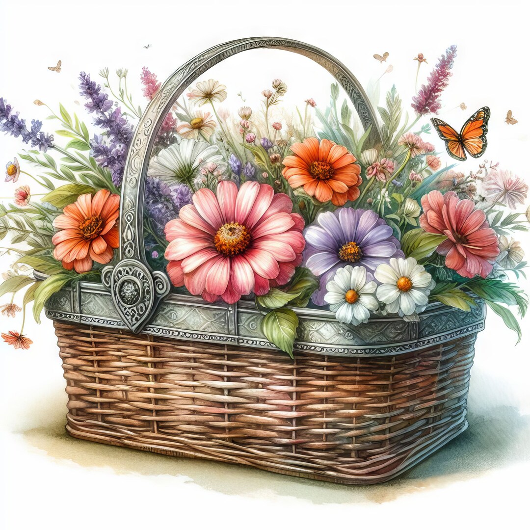 Vintage Basket of Flowers Clip Art Bundle 10 High Res Watercolor Jpgs ...