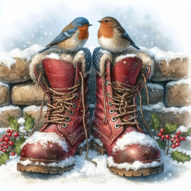 Santa Boots and Birds: Watercolor Clipart, Holiday, Journal Images ...