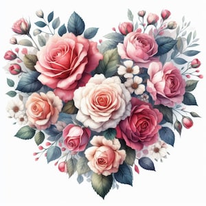 Floral Rose Heart Clip Art Bundle 10 High Res Watercolor Jpgs for Junk ...