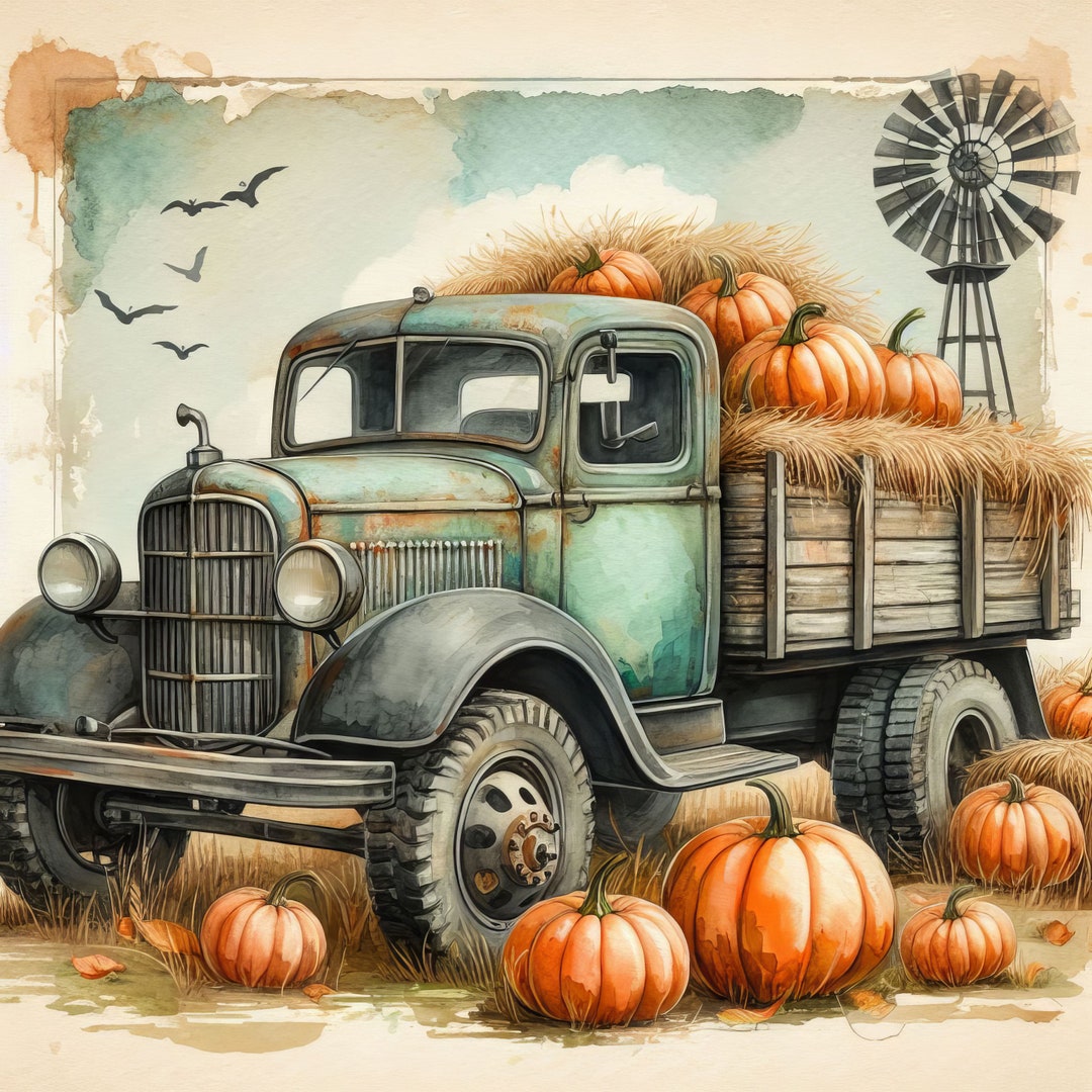 Vintage Farm Truck in Fall Clip Art 10 High Res Watercolor Jpgs for ...