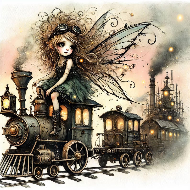 Steampunk Fairy and Train 10 High Res Watercolor Jpgs Junk Journaling ...