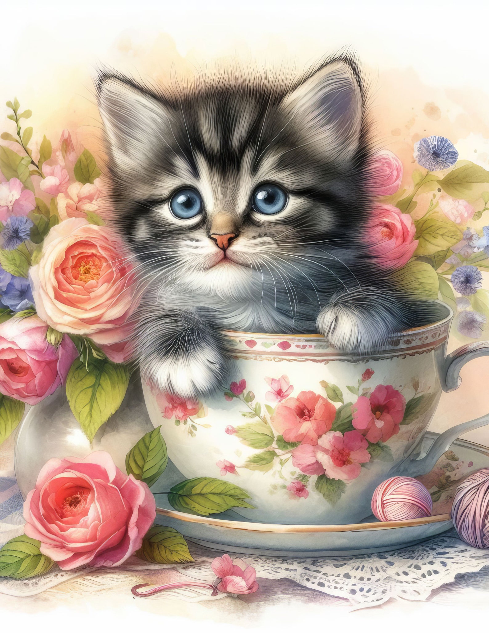 Kitten in Teacup Clipart Bundle 10 High Res Watercolor Jpgs for Junk ...