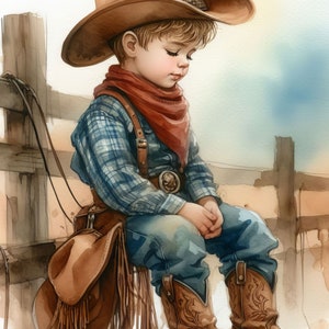 Little Cowboy on a Fence Clip Art Bundle 10 High Res Watercolor Jpgs ...