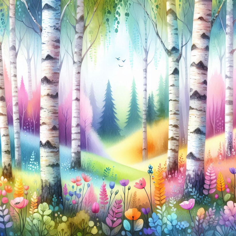 Whimsical Birch Forest 10 High Res Watercolor Jpgs Junk Journaling ...