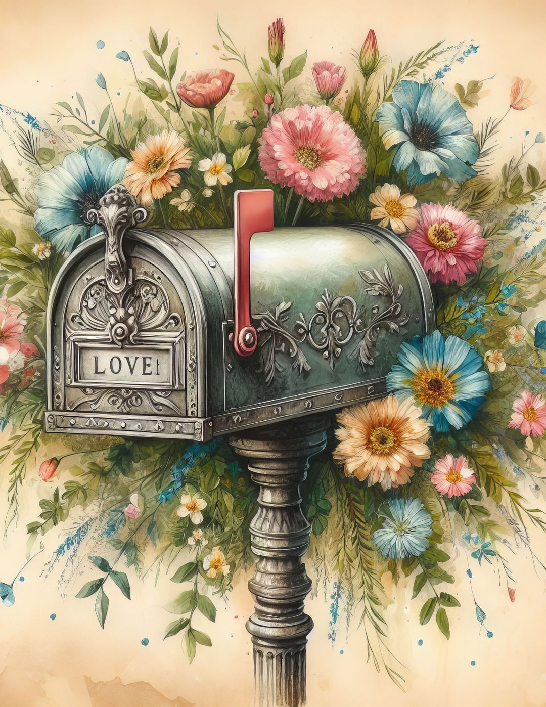 Vintage Mailbox With Flowers Clip Art Bundle 10 High Res Watercolor ...