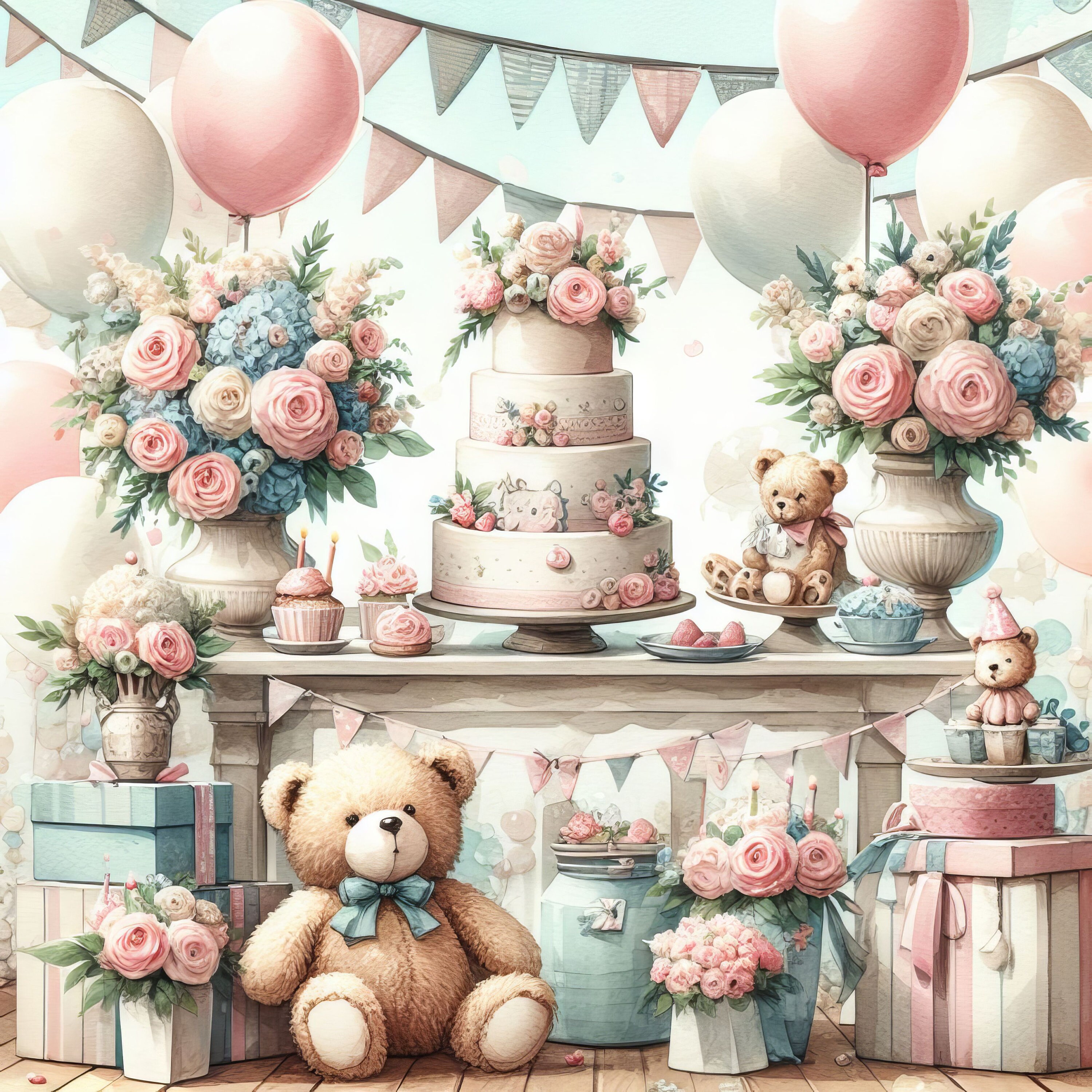 Teddy Bear Birthday Clip Art Bundle 10 High Res Watercolor Jpgs for ...